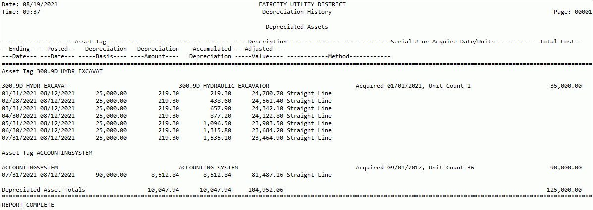Fixed Assets Depreciation History Report Sample